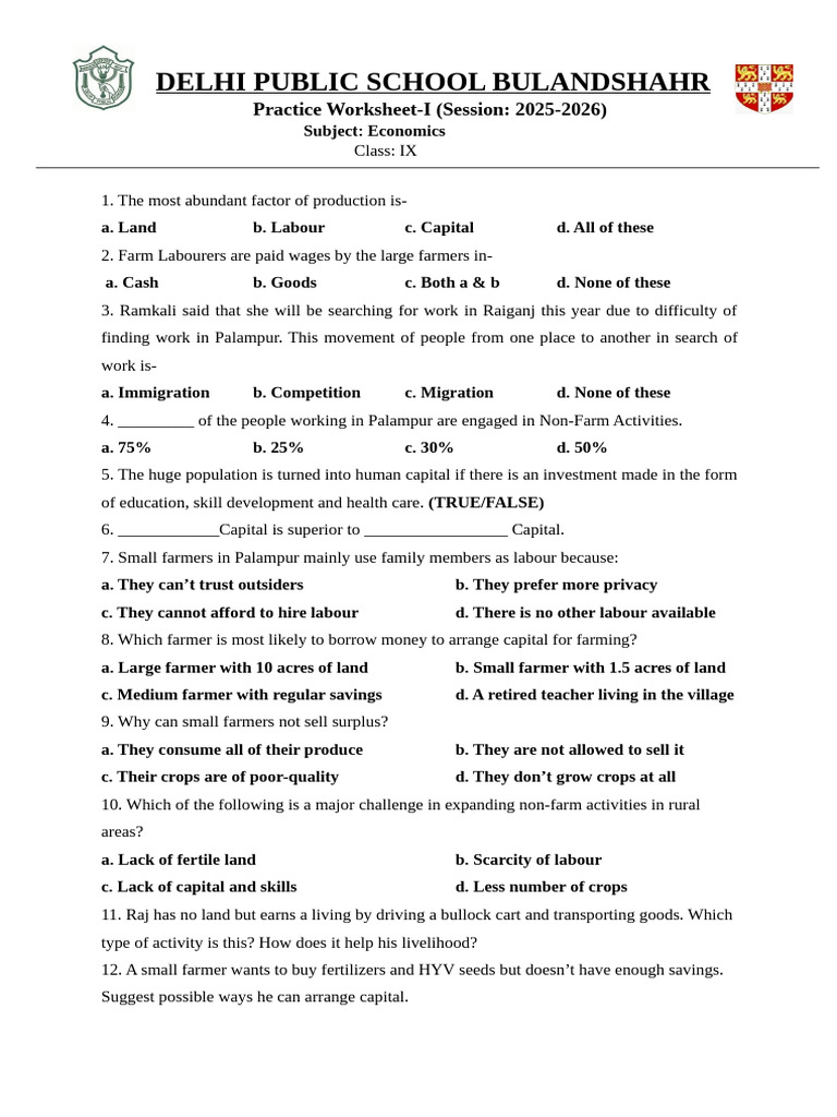 Class IX Economics Practice Worksheet | PDF | Smallholding | Economics