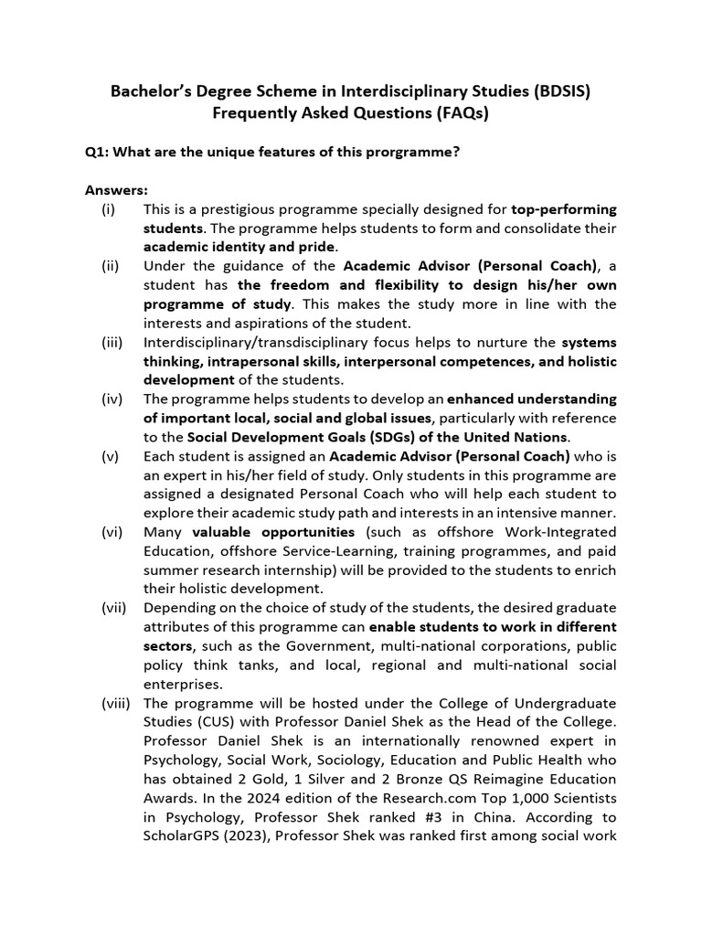 Bachelor's Degree Scheme in Interdisciplinary Studies - FAQs | PDF ...