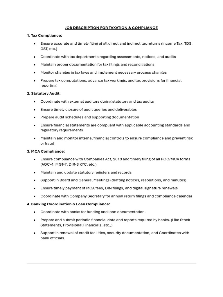 Taxation and Compliance Job Description | PDF