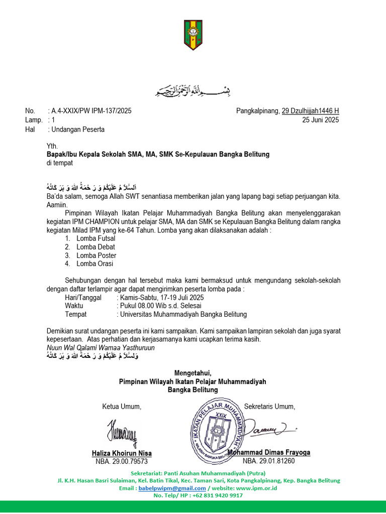 Undangan Peserta Ipm Champion Sma, Ma, SMK Se Babel | PDF
