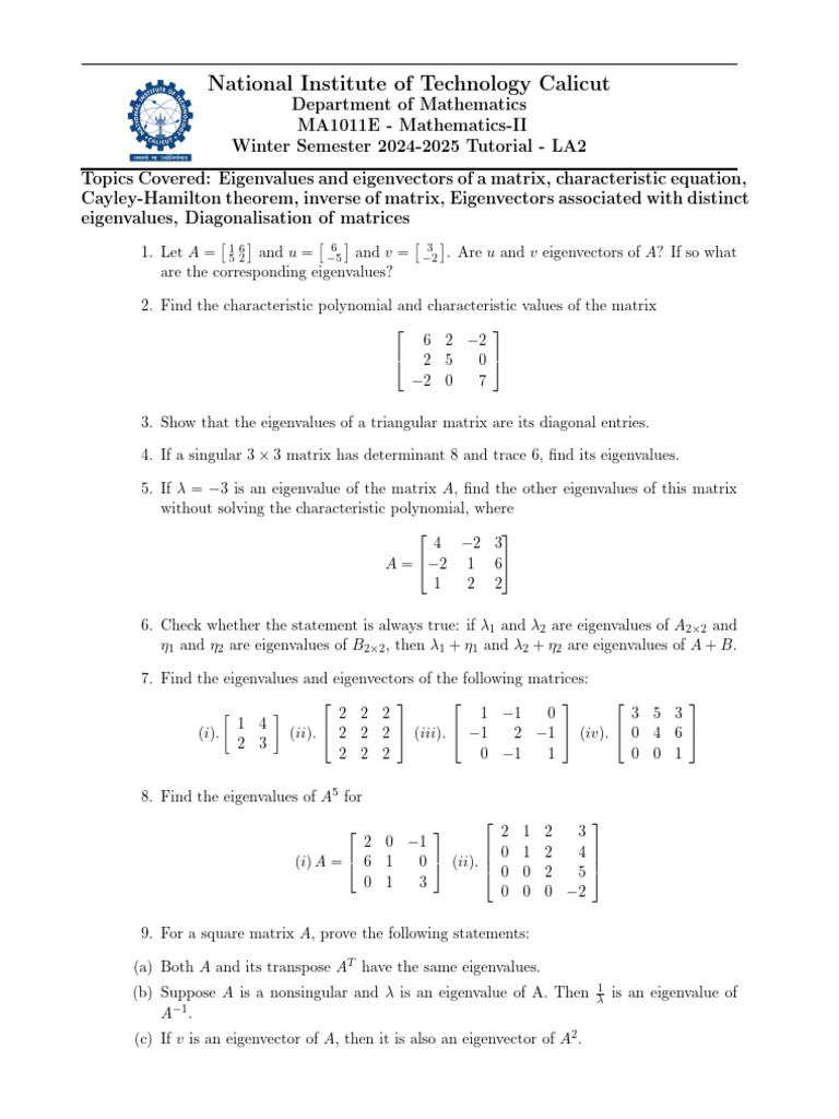 Tutorial Sheet 2 MA1003E | PDF | Eigenvalues And Eigenvectors | Matrix (Mathematics)