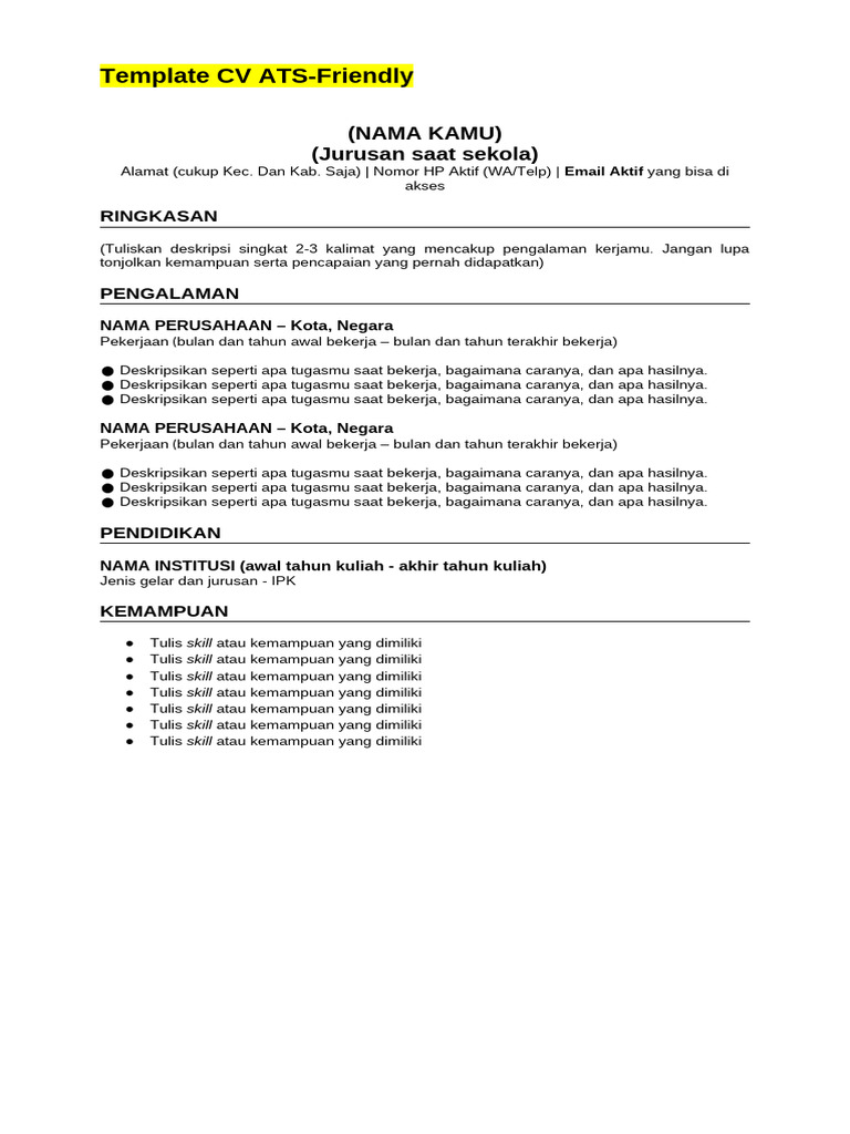 Template CV ATS untuk Fresh Graduate | PDF