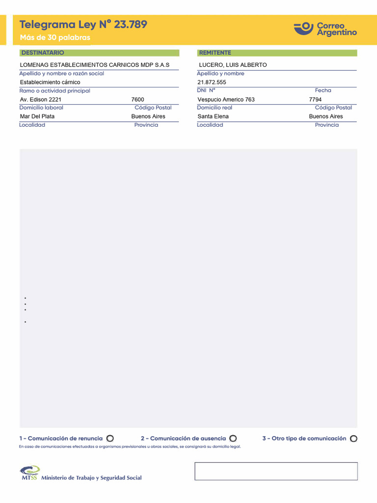 Telegrama Ley 23.789: Comunicación Laboral | PDF | Industrias de servicio