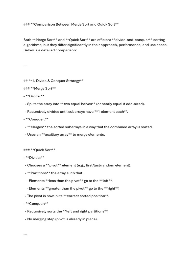 Compare Merge Sort and Quick Sort (Divide & Conquer) | PDF ...