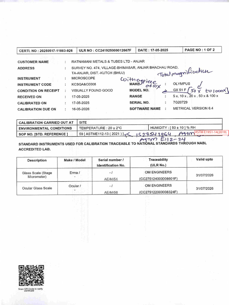 Calibration Certificate for Olympus Microscope | PDF