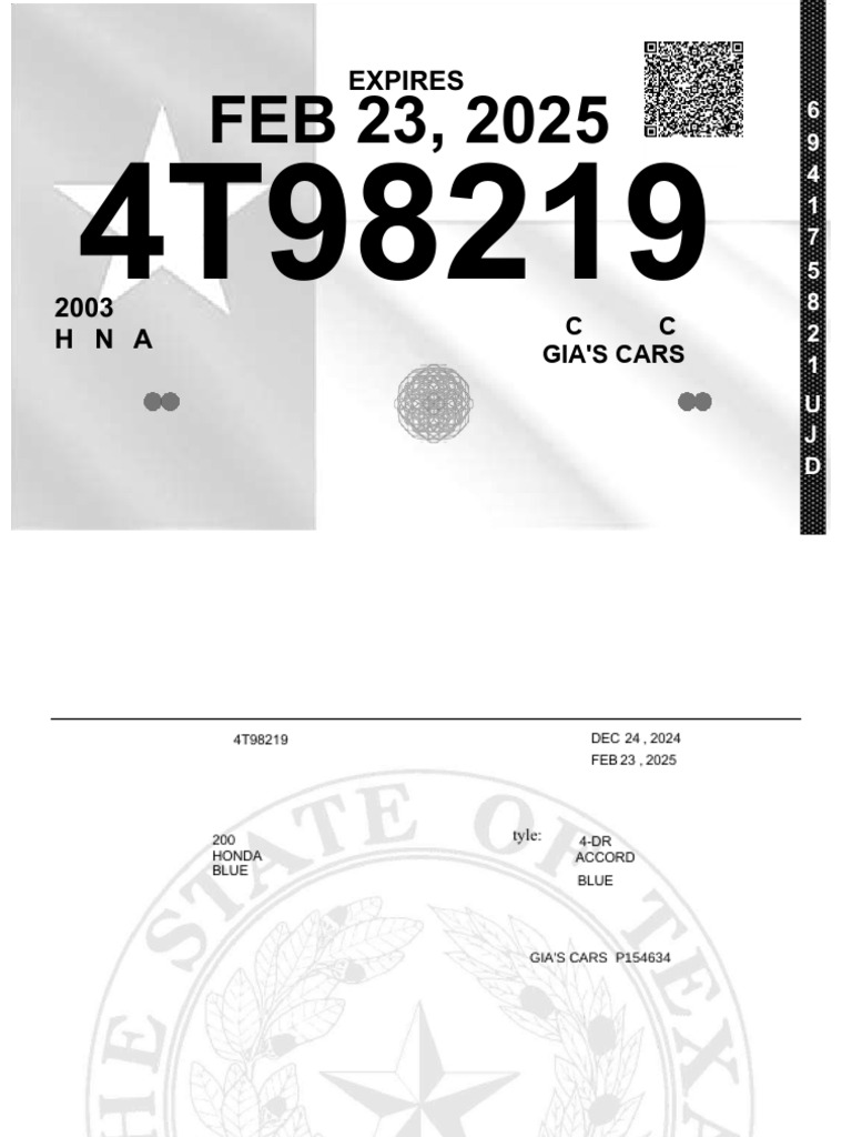 Texas Buyer's Tag Receipt for 2003 Honda | PDF