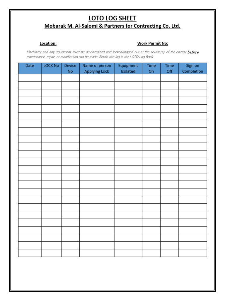 LOTO Log Sheet Template | PDF