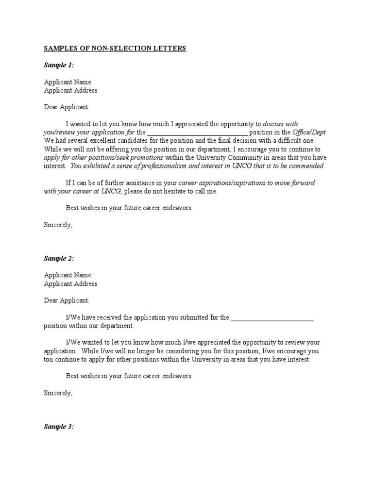 Sample 1:: Samples of Non-Selection Letters | Download Free PDF ...
