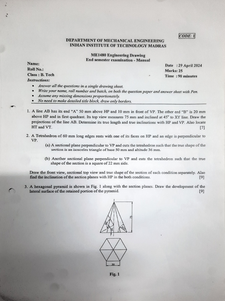 B.Tech Engineering Drawing Exam Guide | PDF | Tetrahedron | Shape