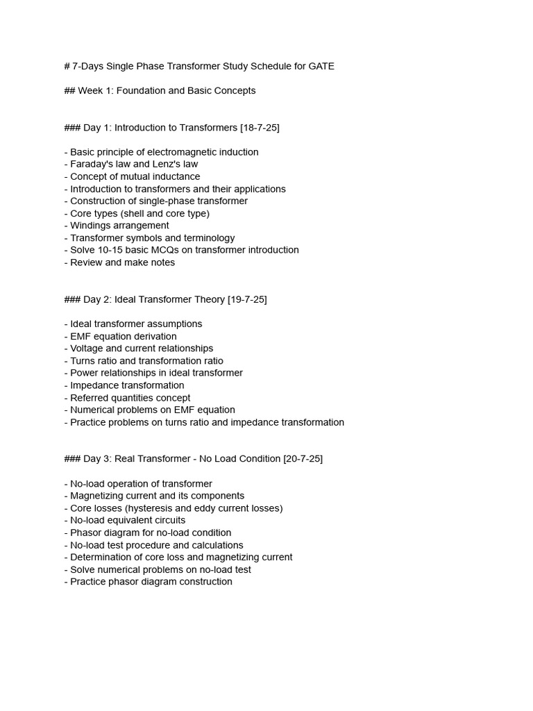 # 7-Days Single Phase Transformer Study Schedule For GATE | PDF ...