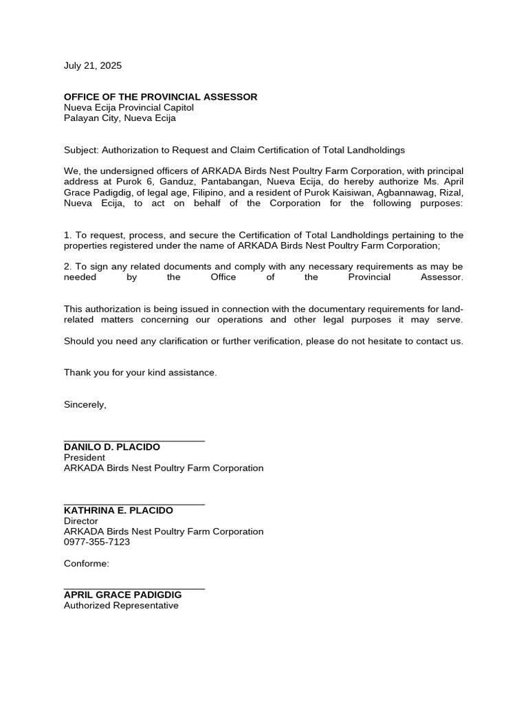 Authorization to Request and Claim Certification of Total Landholdings ...