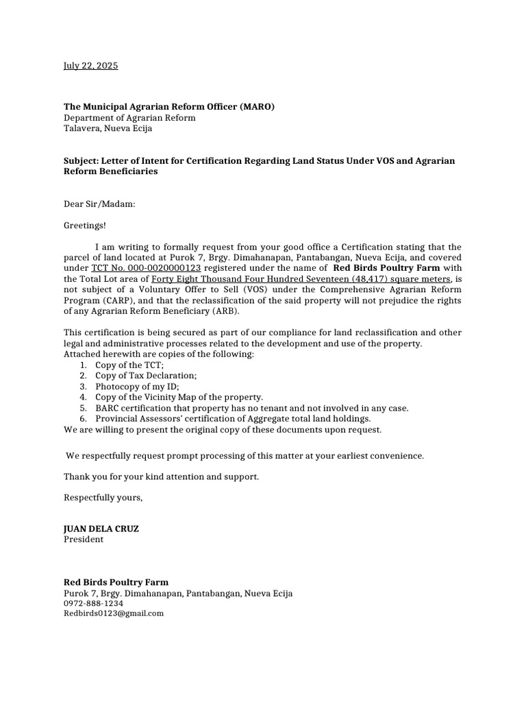 Letter of Intent For DAR Certification Regarding Land Status | PDF