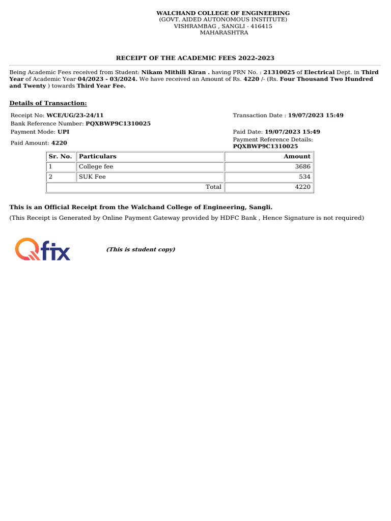 Qfix Payment Consolidated Fee Receipt | PDF