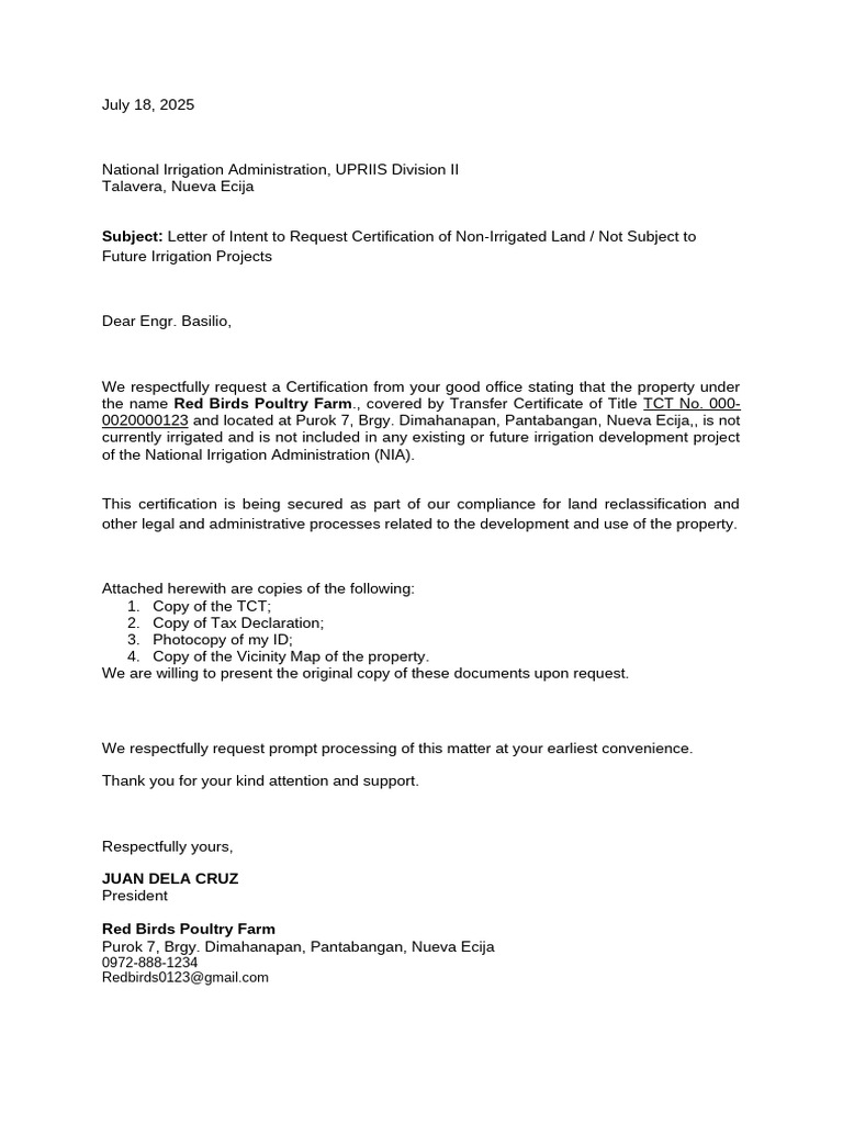 Request for Non-Irrigated Land Certification | PDF