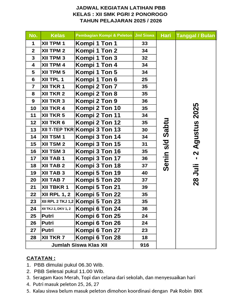 Jadwal Latihan PBB Kelas XII SMK PGRI 2 | PDF