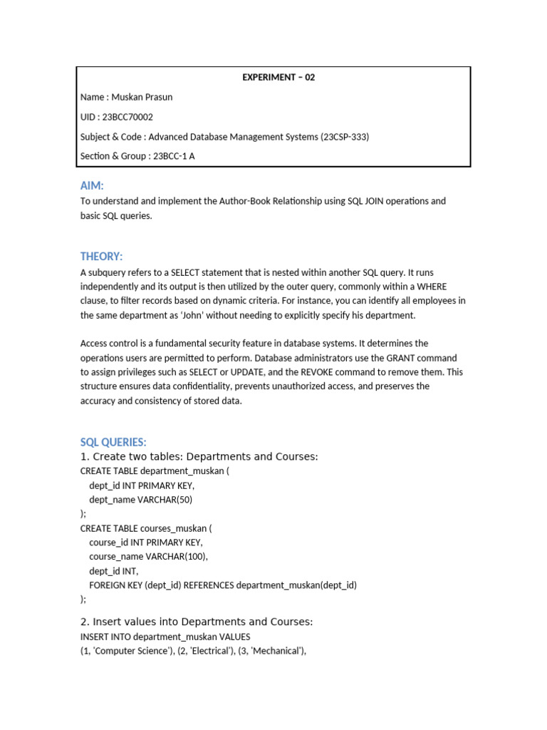 Formatted Experiment2 ADBMS | PDF | Databases | Sql