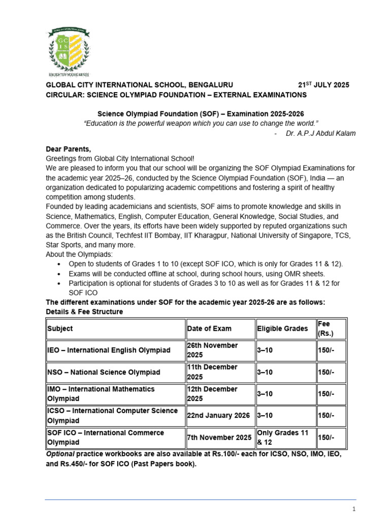 SOF Olympiad Circular 2025-26 | PDF