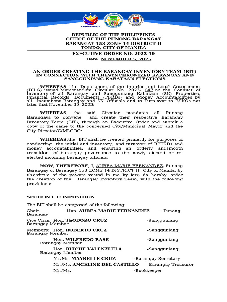 Executive Order for Barangay Inventory Team | PDF | Government