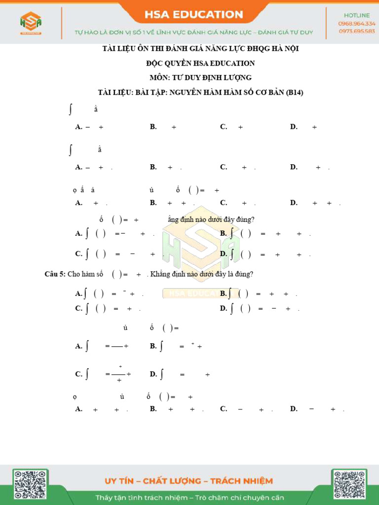 - b14. Pt01. Hsa. 2k8. Toán Đại 12 (Thầy Thắng) - Bt - Nguyên Hàm Hàm Số Cơ Bản | PDF