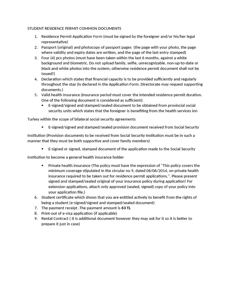 Student Residence Permit Common Documents | PDF | Passport | Insurance