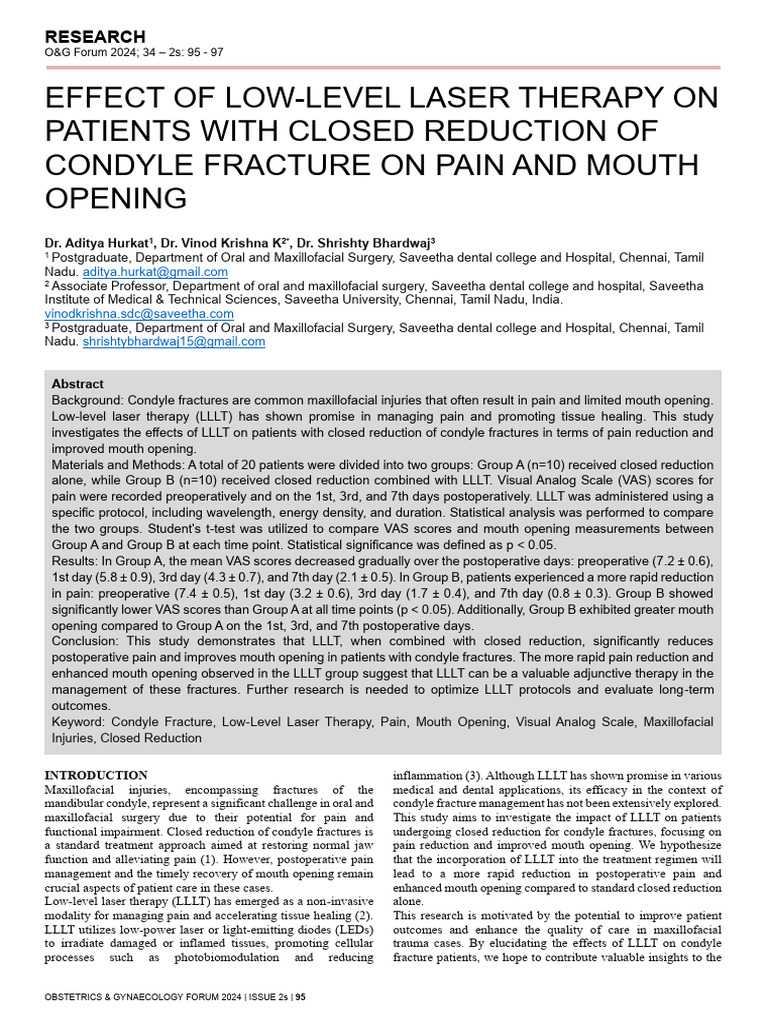 EFFECT OF LOW-LEVEL LASER THERAPY ON PATIENTS WITH CLOSED REDUCTION OF CONDYLE FRACTURE ON PAIN ...