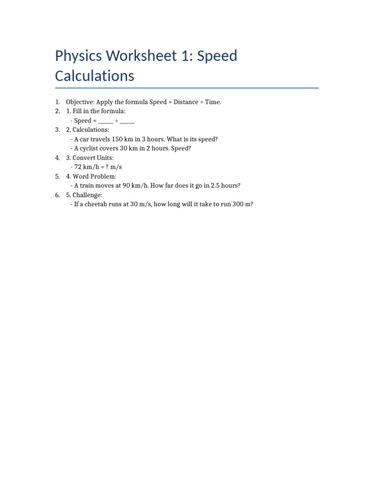 Speed Calculations Worksheet | PDF
