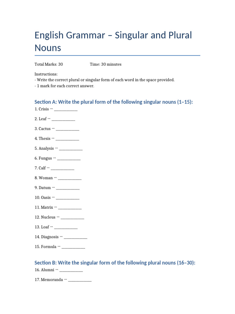 Singular and Plural Nouns Question Paper | PDF