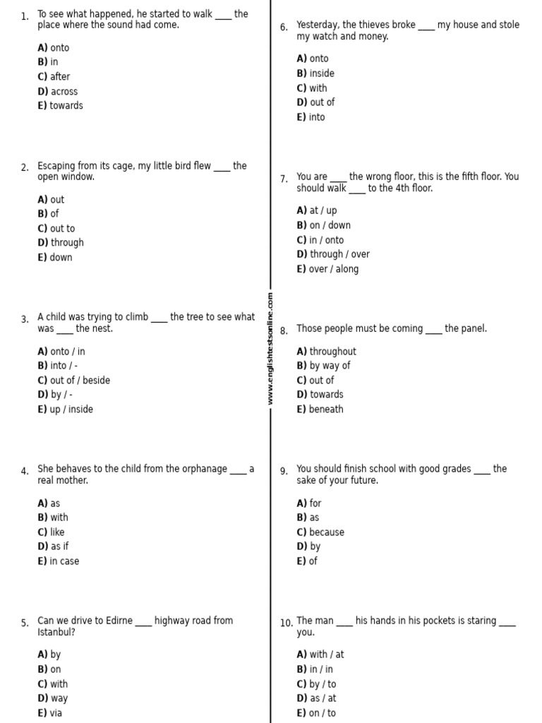 1 Prepositions Test Exercises Multiple Choice Questions With Answers ...