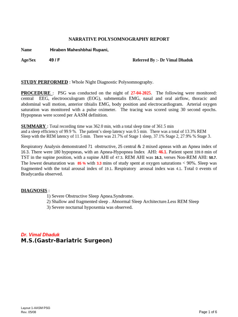 Hiraben Maheshbhai Rupani SS | PDF | Medical Specialties | Sleep Disorder