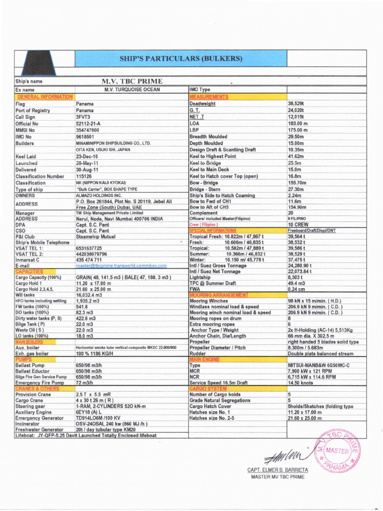 TBC Prime - Vessel Particulars | PDF