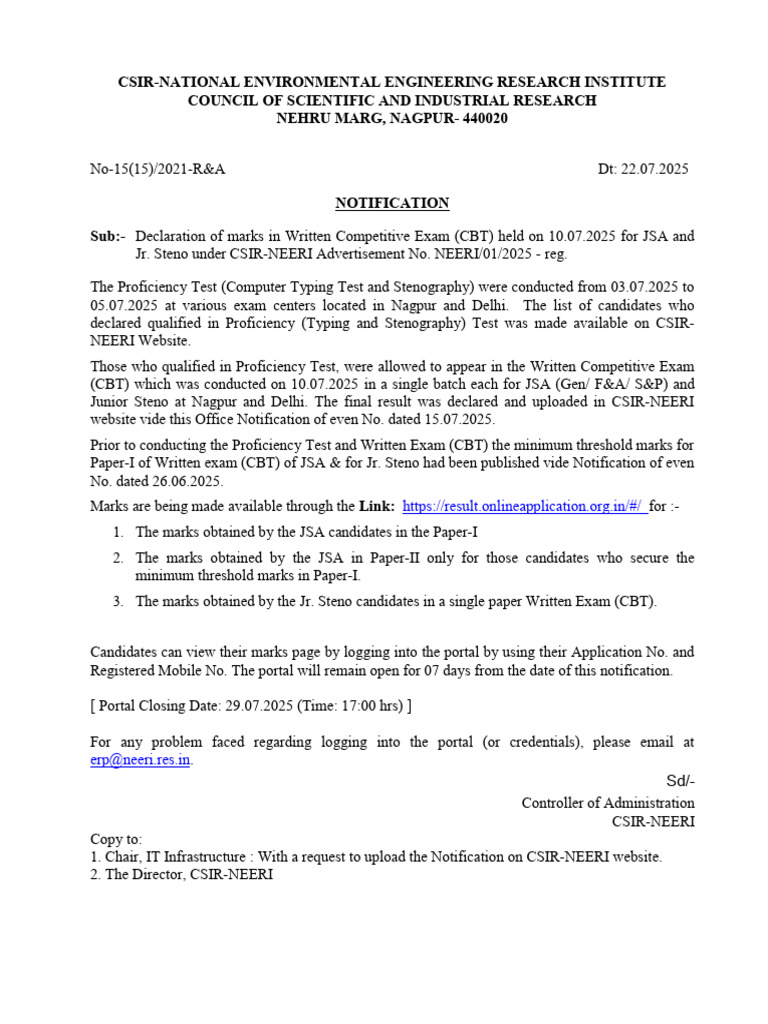 CSIR-NEERI JSA & Jr. Steno Exam Results | PDF