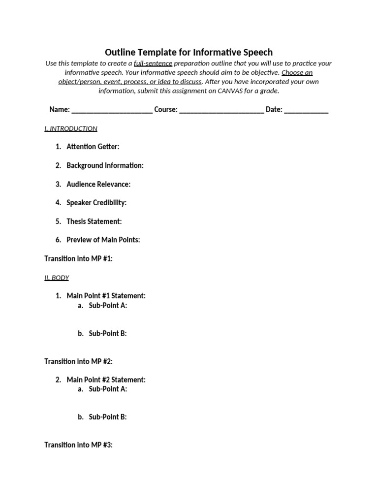 Informative Speech Prep. Outline Template | PDF