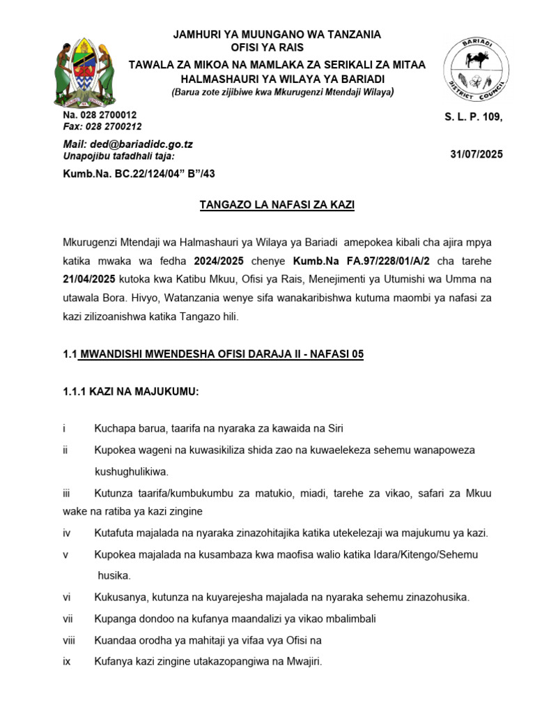 Tangazo La Kazi Bariadi DC | PDF