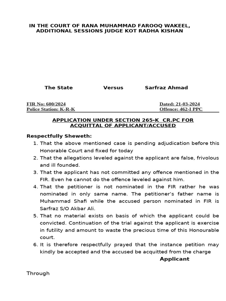 Acquittal Application Under Section 265-K | PDF