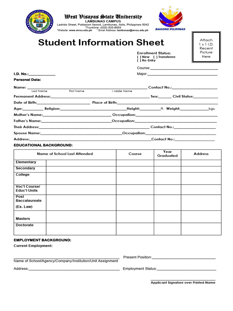 WVSU Lambunao Campus Student Info Sheet | PDF