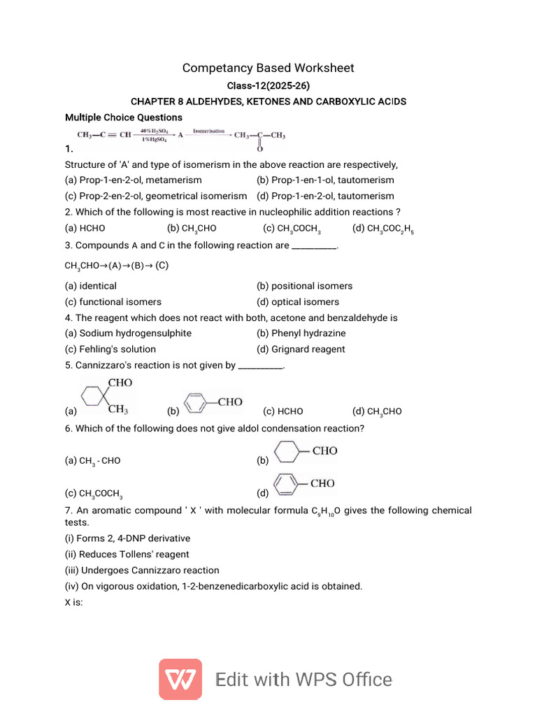 Class 12 Aldehydes and Ketones MCQs | PDF | Carboxylic Acid | Aldehyde