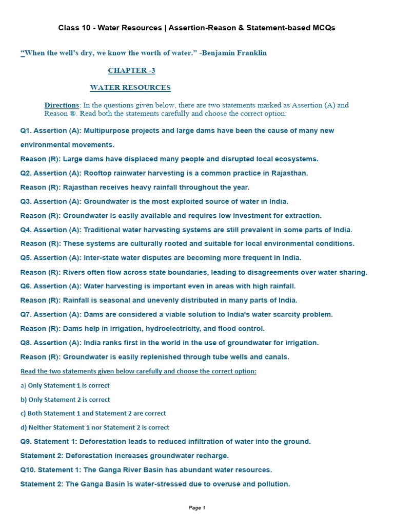 Class 10 Water Resources MCQs & Insights | PDF | Water Resources | Water