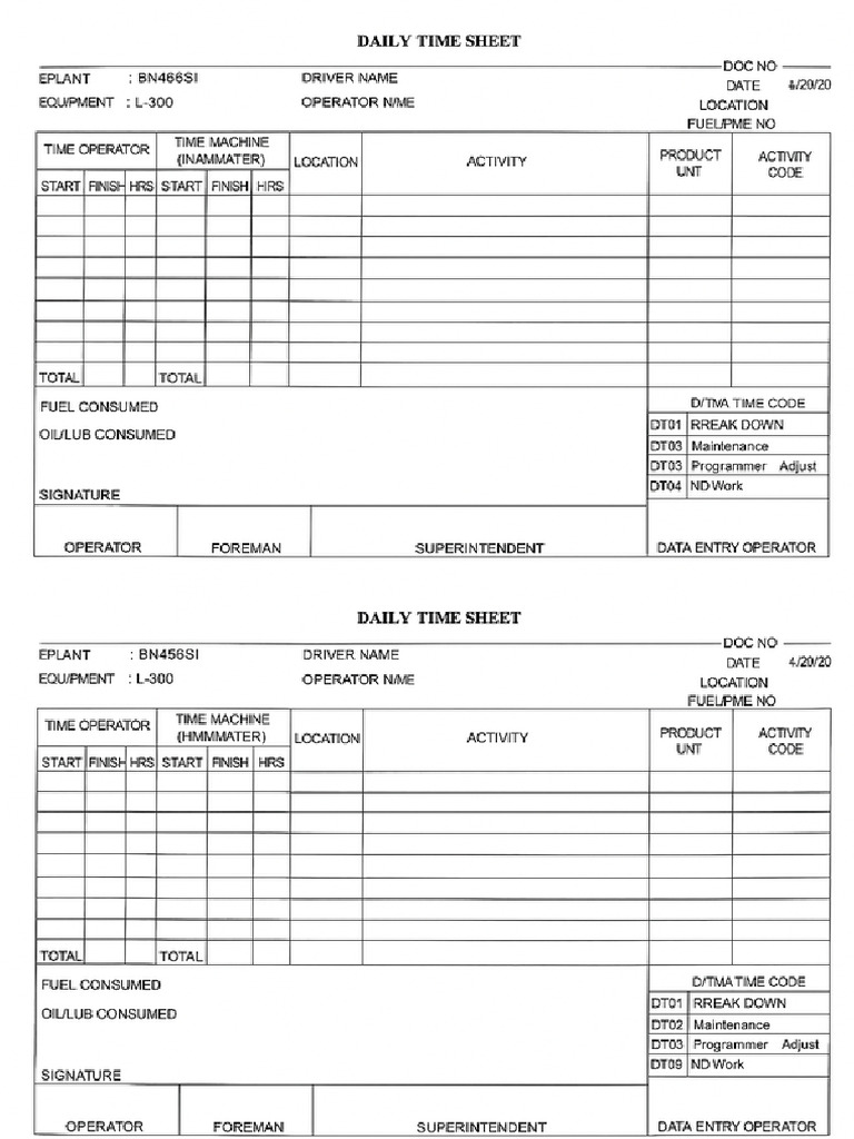 Daily Time Sheet A4 | PDF