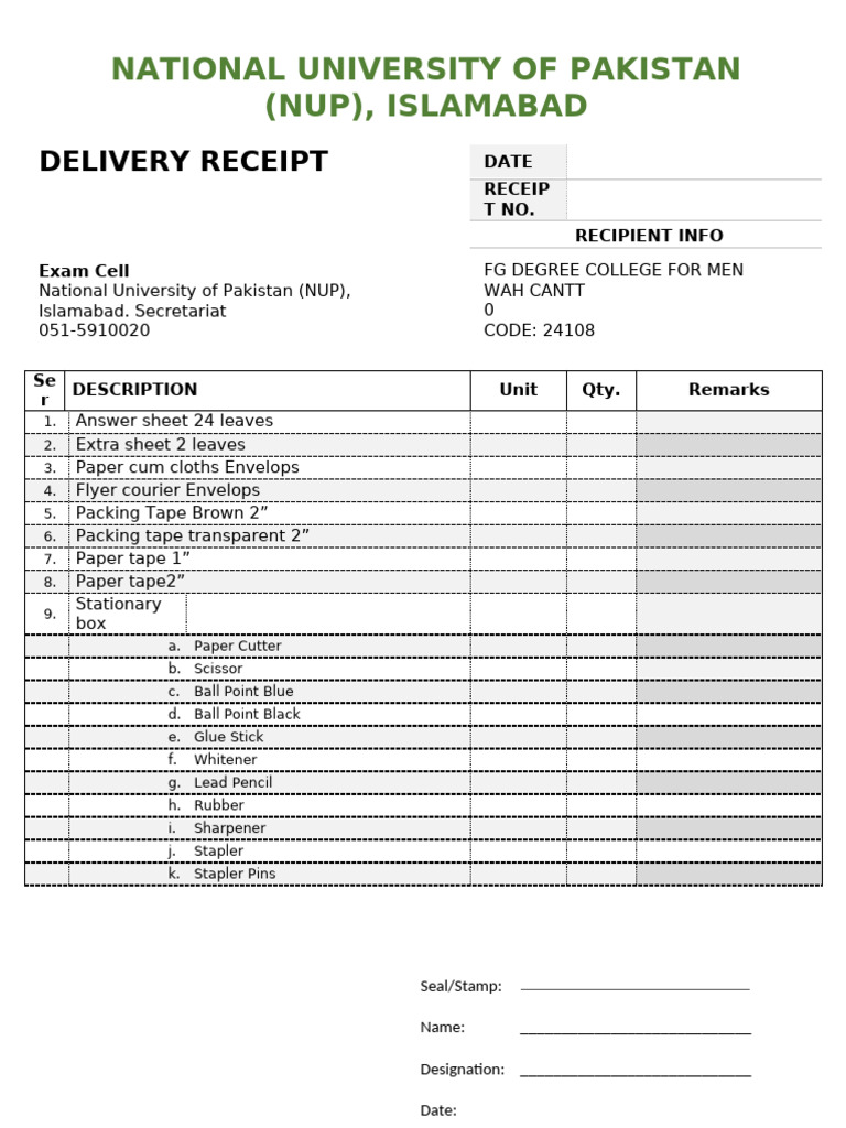 EXAM Dept Delivery-Receipt 001 | PDF | Receipt