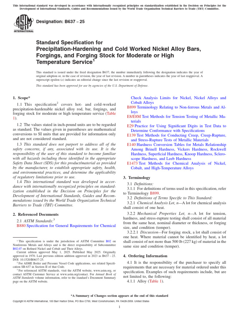 ASTM B637 Specification Overview | PDF | Sets Of Chemical Elements | Metals