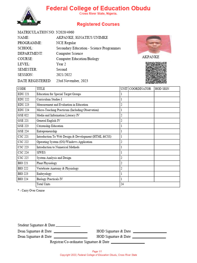 Fce Obudue Second Semester Year 2 Course Form | PDF | Computing