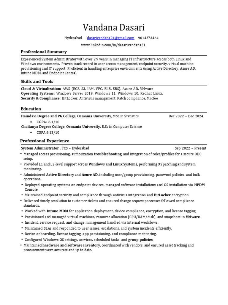 Vandana Dasari Resume - System Administrator PDF | PDF | Operating System | Virtualization