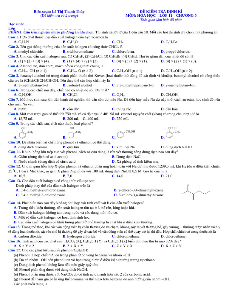 Hóa 11. Chương 5. Dẫn Xuất Halogen - Alcohol - Phenol (Kiểm Tra Định Kỳ ...