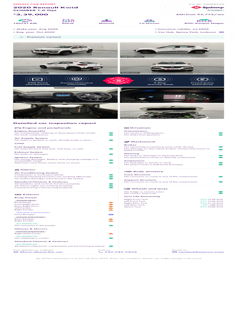Spinny 2020 Renault Kwid Inspection Report | PDF | Leak | Car