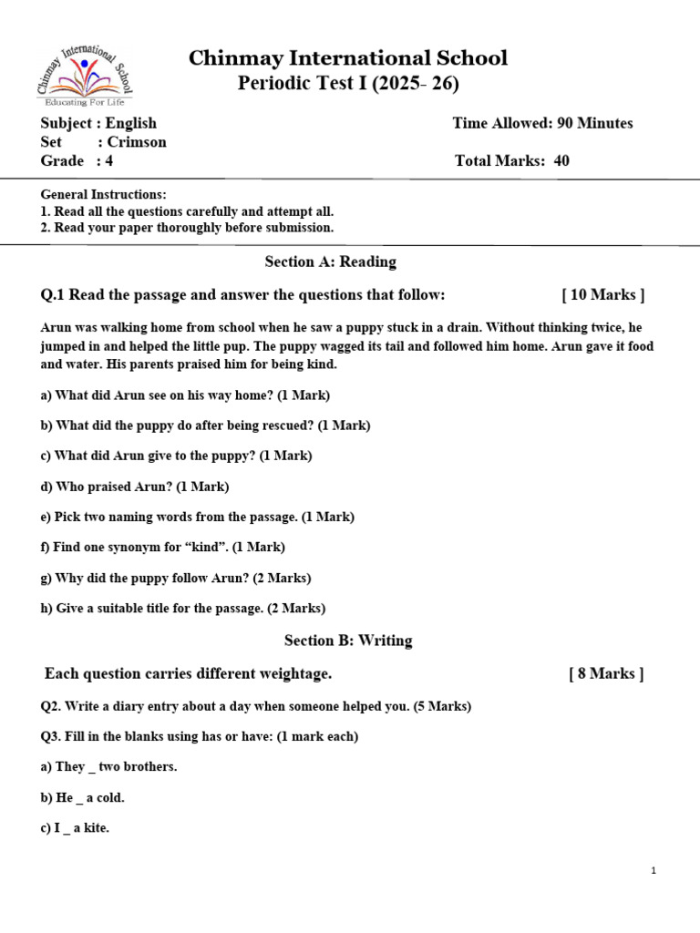 Pt1 Question Paper Grade-4 English Set-B | PDF | Linguistics