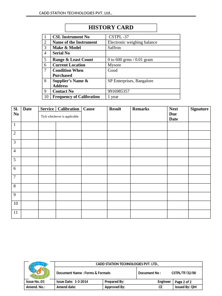 Calibration History for CADD Station Tech | PDF