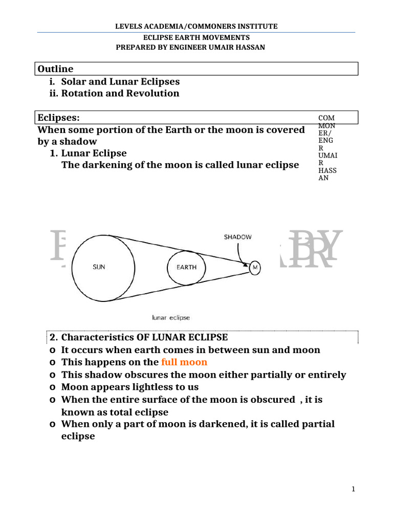 Lec # 2 Solar Eclipse Lunar Eclipse Revolution and Rotation | PDF ...