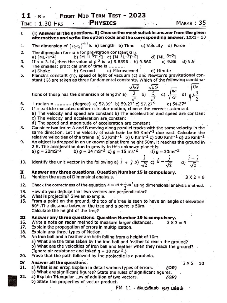 11th Physics EM 1st Mid Term Exam 2023 Original Question Paper Madurai District English Medium ...