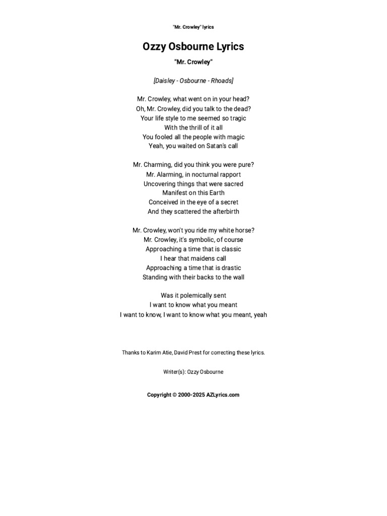 Mr. Crowley Lyrics by Ozzy Osbourne | PDF