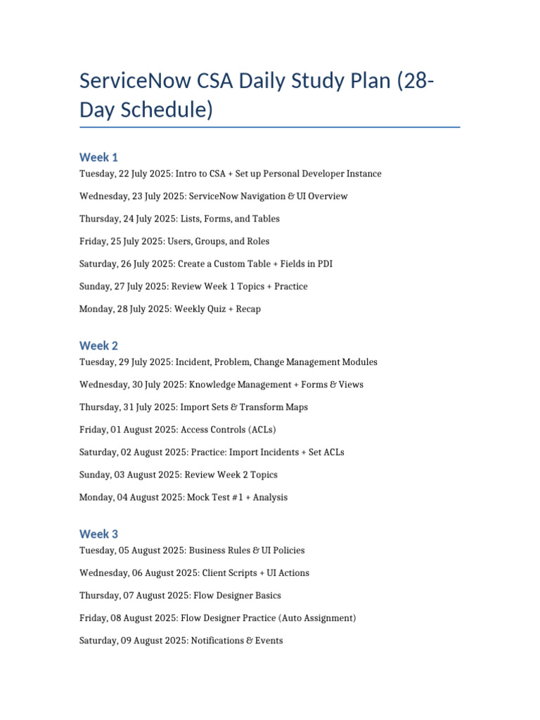 ServiceNow CSA 28 Day Daily Study Schedule | PDF